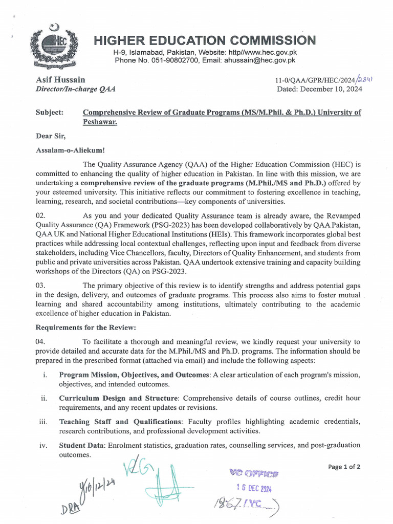 Comprehensive Review of Graduate Programs (MS_M.phil. & Ph.D) UOP 2841, 10.12.2024 | PDF