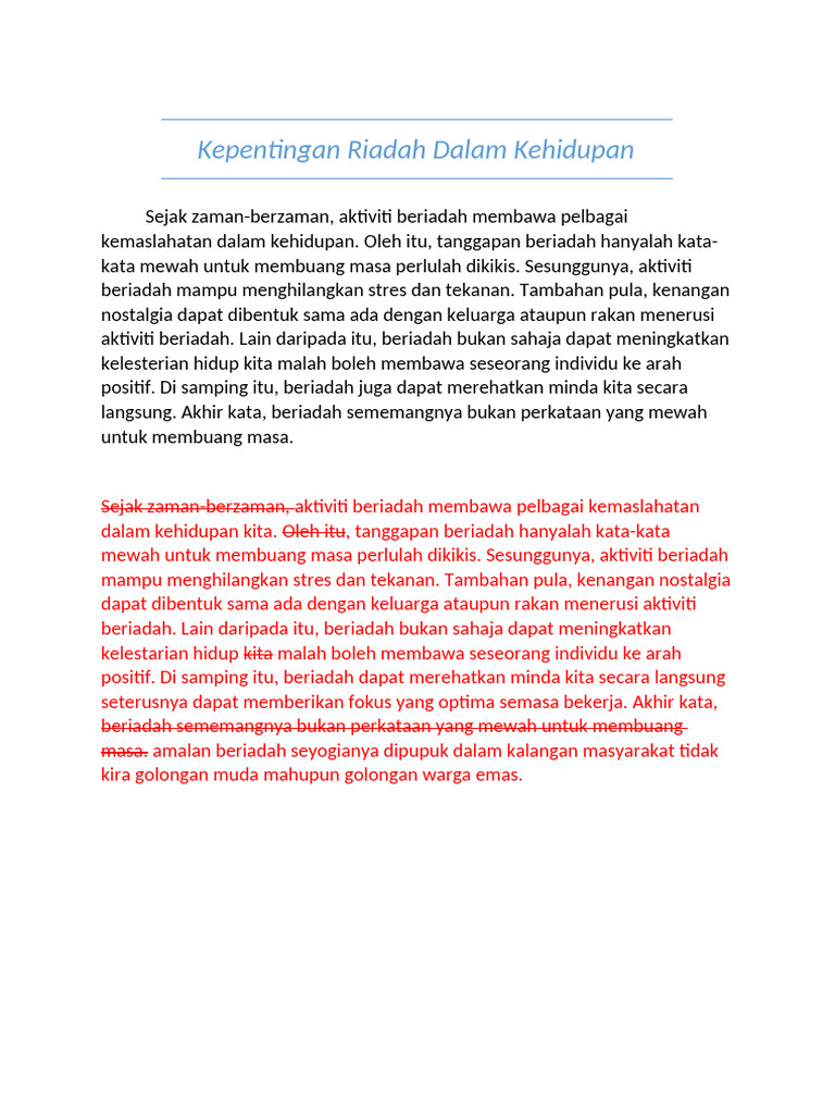 Karangan Pendek 2 (FORM 3) - Kepentingan Riadah Dalam Kehidupan | PDF