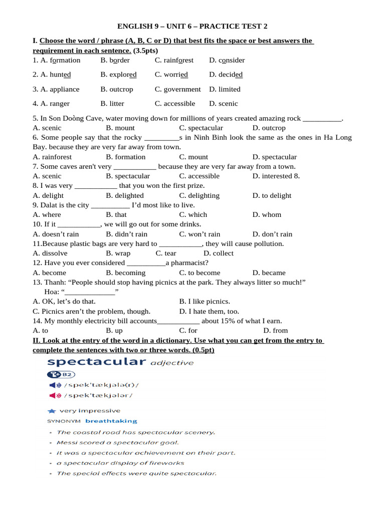 PRACTICE TEST 2 - UNIT 6 - ILEARN 9 | PDF