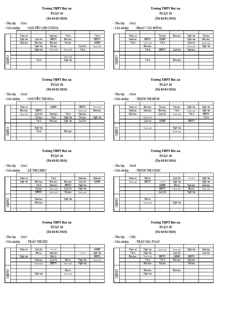 TKB TUẦN 20 HS | PDF