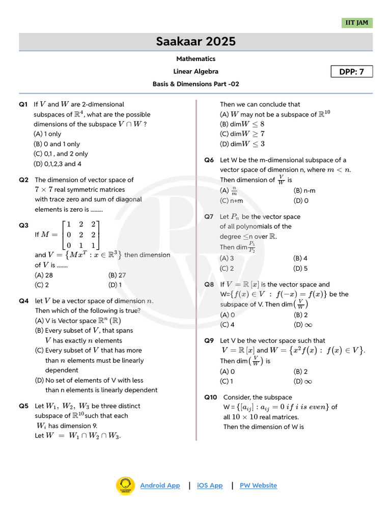 66b043215f0b7e00180cc70e - ## - Linear Algebra DPP 07 (Of Lec 16) | PDF | Linear Subspace | Algebra