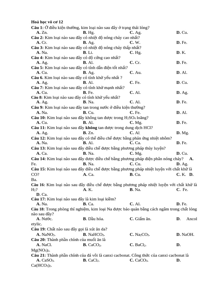 Hoá học vô cơ 12 ly thuyet | PDF