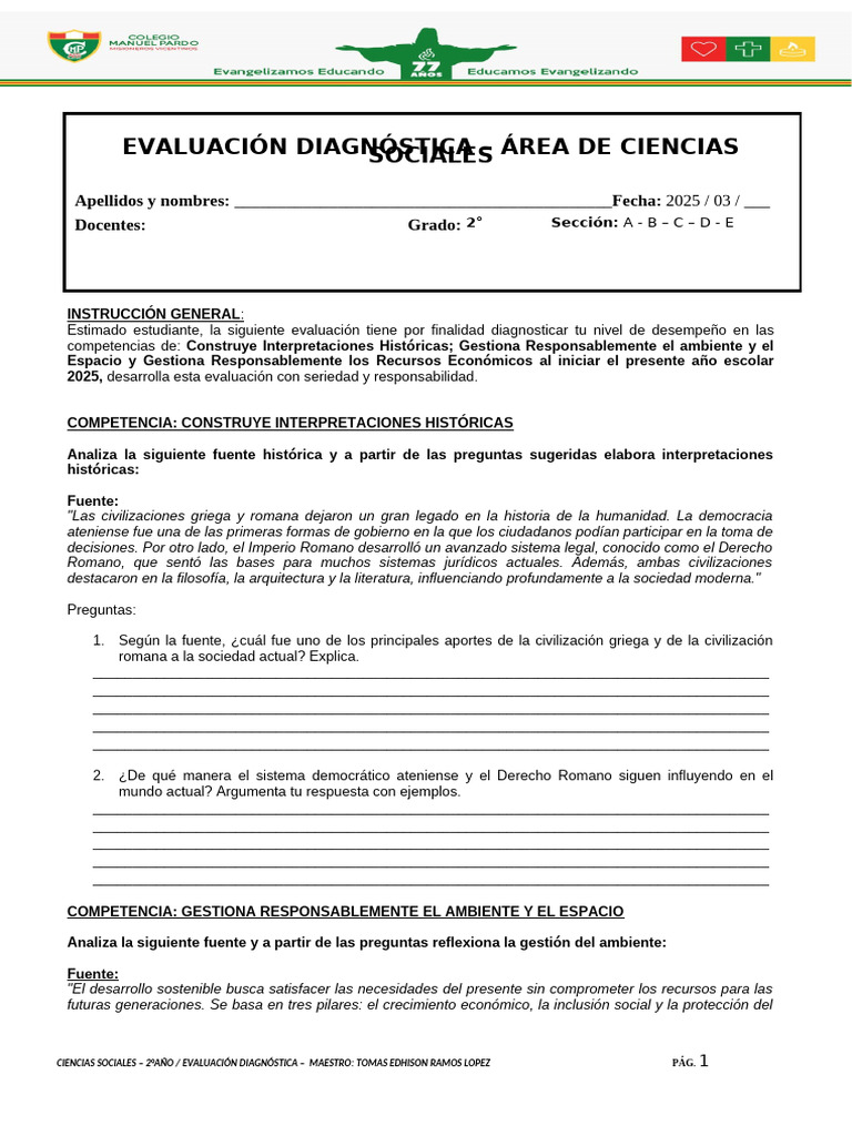 2do - Eval. Diagnostica B CC - Ss 2025 | PDF | Sustentabilidad | Desarrollo sostenible