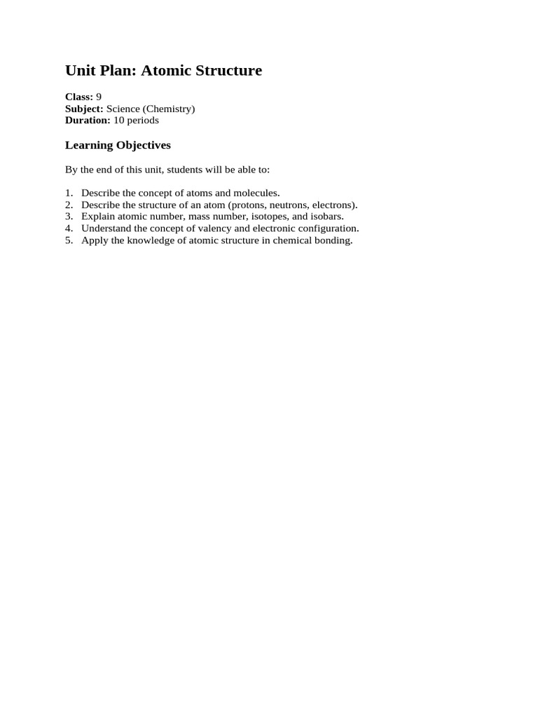 Unit Plan | PDF | Atoms | Ion