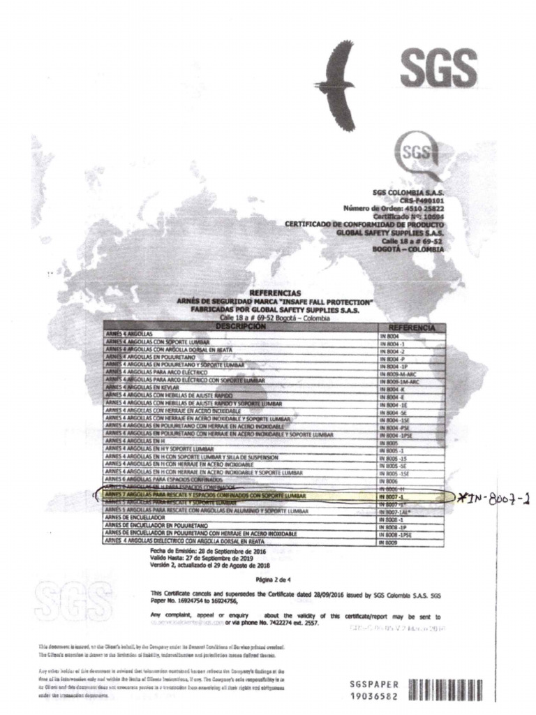 certificado de conformidad arnes insafe IN-8007-1 | PDF