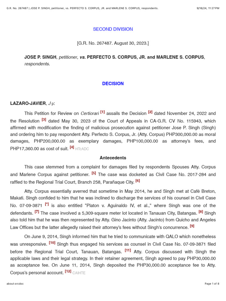 Singh v. Corpus: Malicious Prosecution Case | PDF | Lawsuit | Complaint