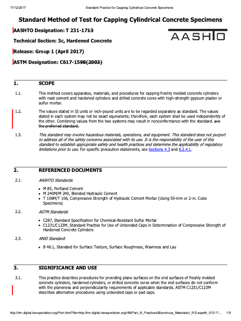 T 231-17 Capping Cylindrical Concrete Specimens | PDF