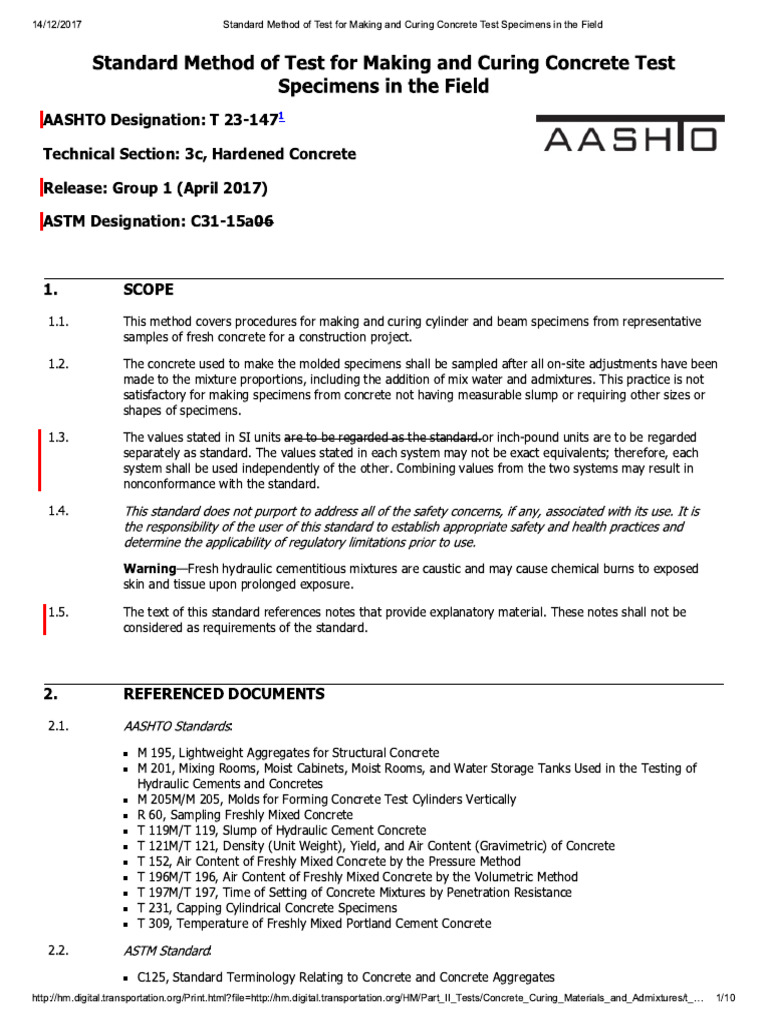T 23-17 Making and Curing Concrete Test Specimens in The Field | PDF