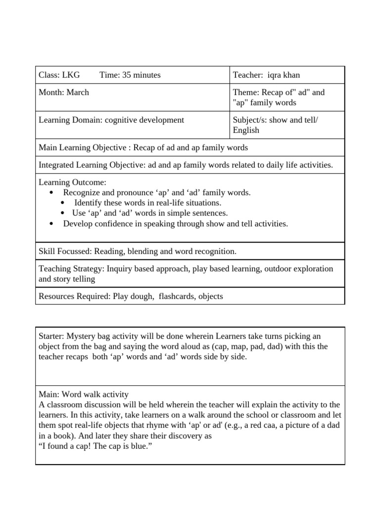 LKG Lesson Plan: 'ap' and 'ad' Words | PDF