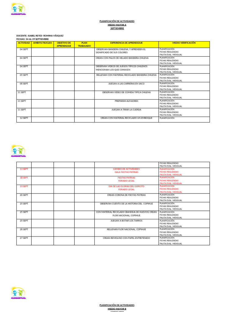 Planificación Septiembre (Semanal) | PDF | Chile | América del Sur