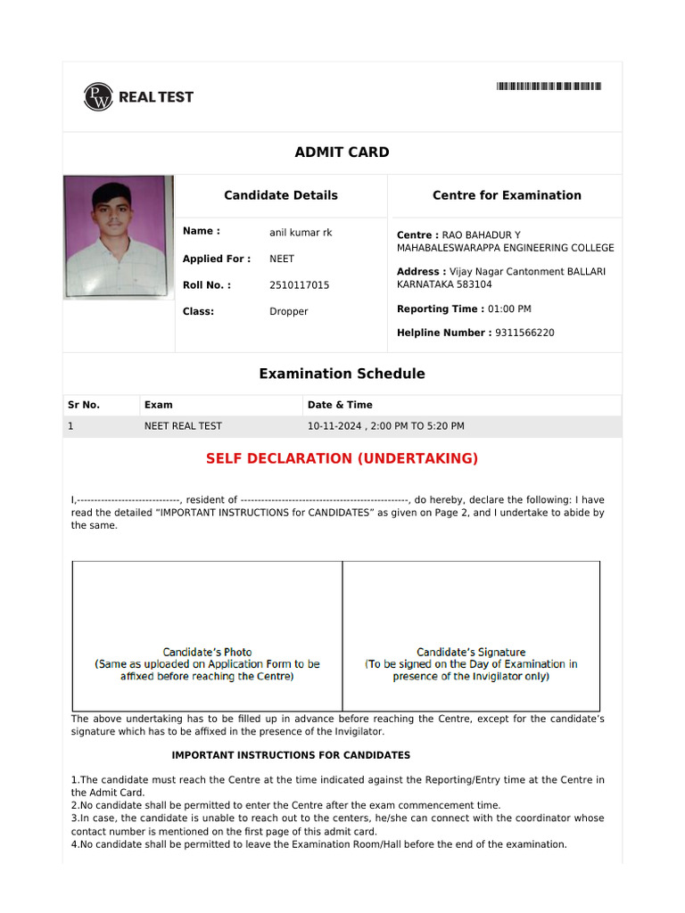 NEET 2024 Admit Card Instructions | PDF | Identity Document ...