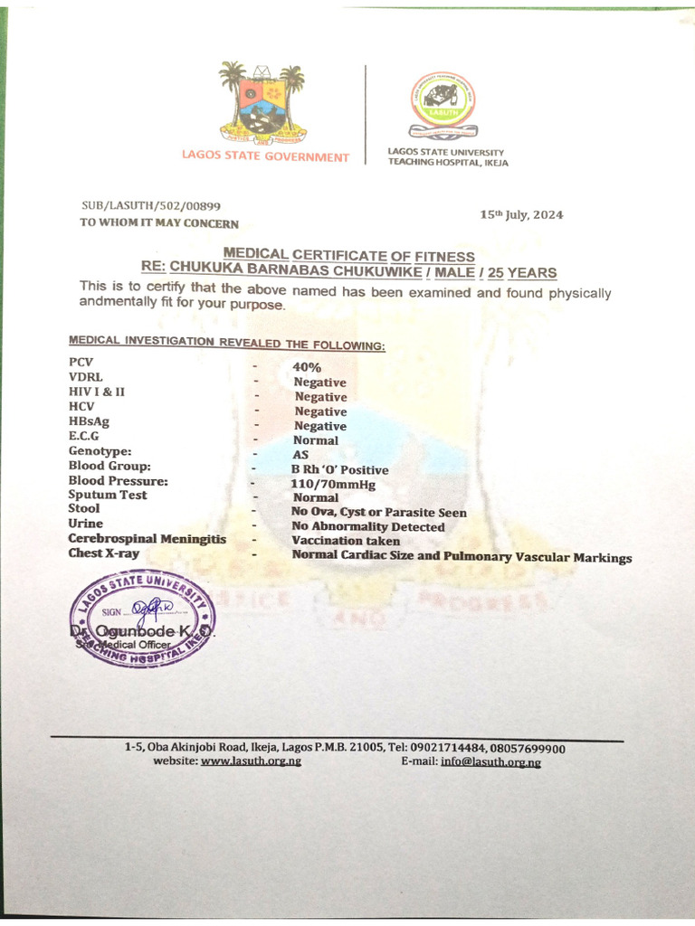 Nysc Medical Fitness Certificate | PDF