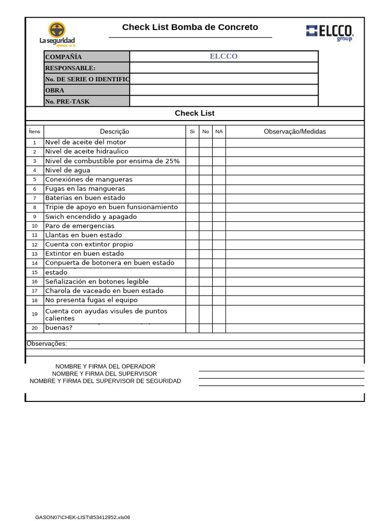 Check List Bomba de Concreto | PDF