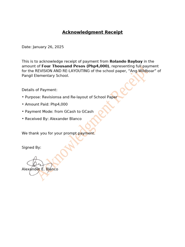 Acknowledgment of Payment Receipt | PDF