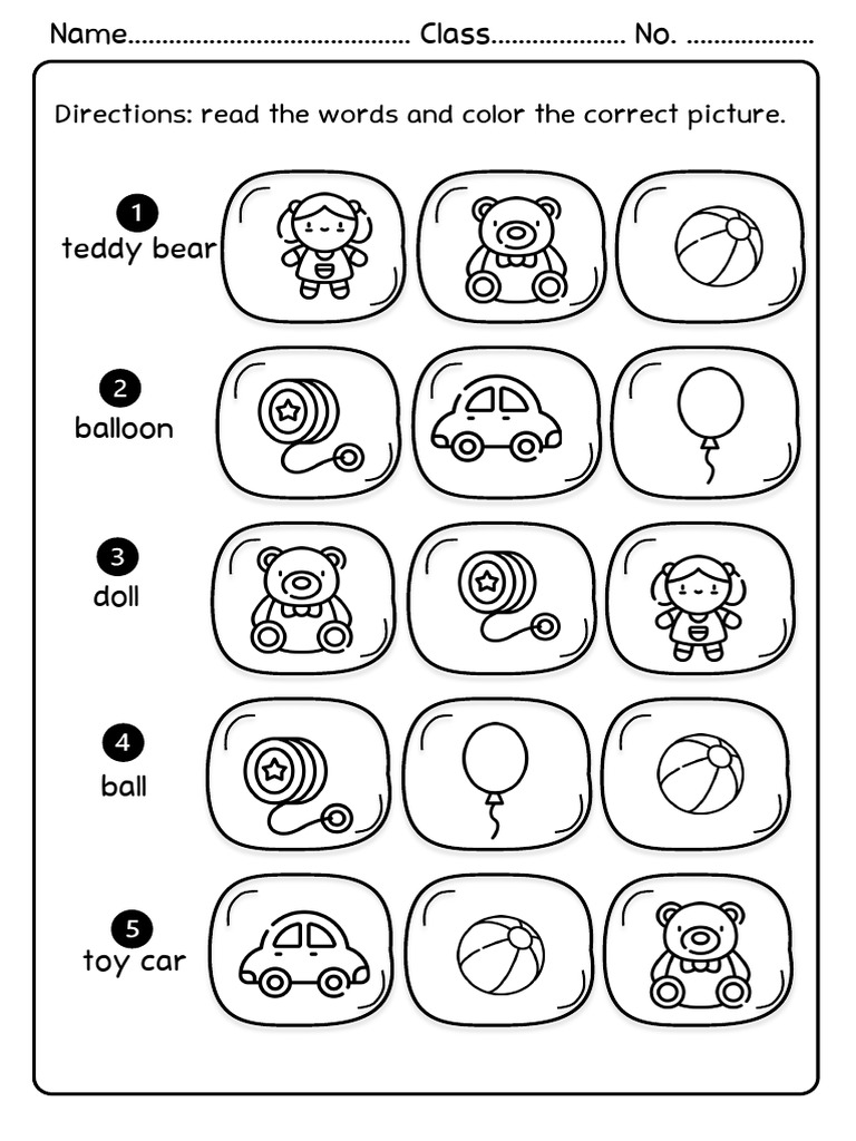 Color and Identify Toys Worksheet | PDF