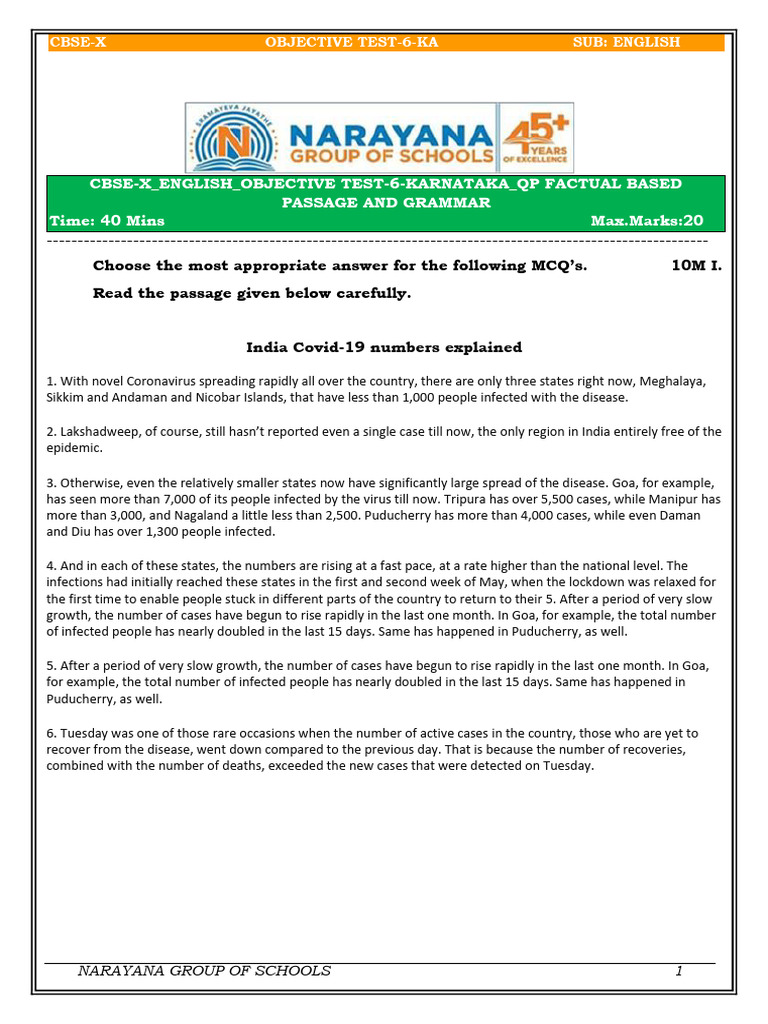 Cbse Class-X English Objective Test-Ka Day 6 QP | PDF | Public Health ...