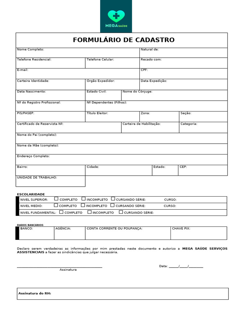 Formulário de Cadastro Mega Saúde | PDF