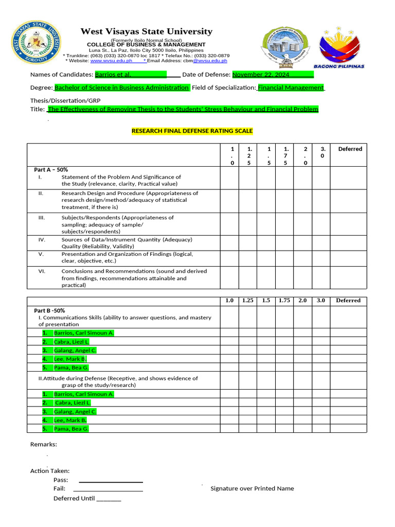 Final DEFENSE RATING SCALE BLANK | PDF | Thesis | Methodology