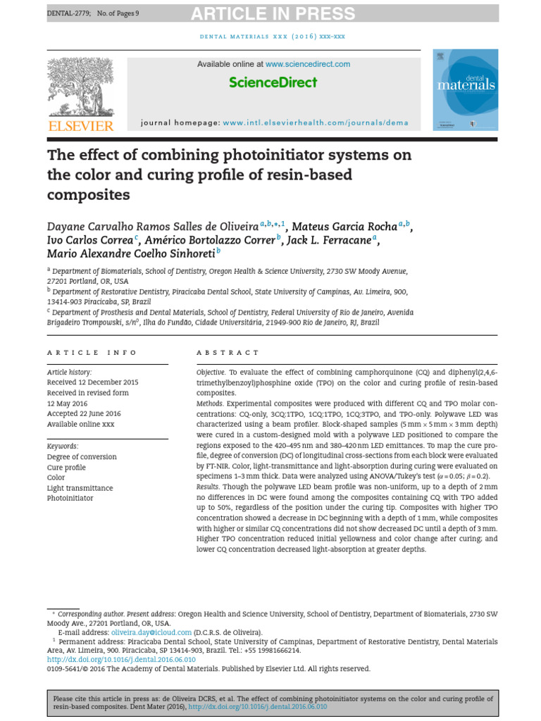 The effect of combining photoinitiator systems on the color and curing ... The effect of combining photoinitiator systems on the color and curing ...