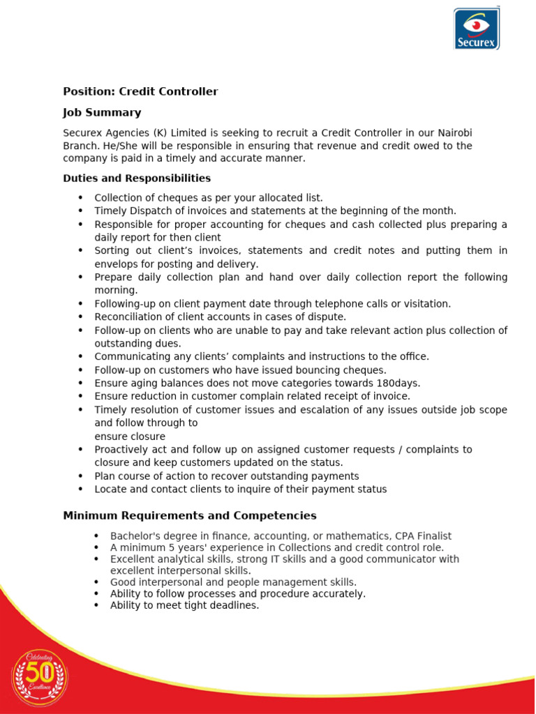Job Advert Credit Controller | PDF