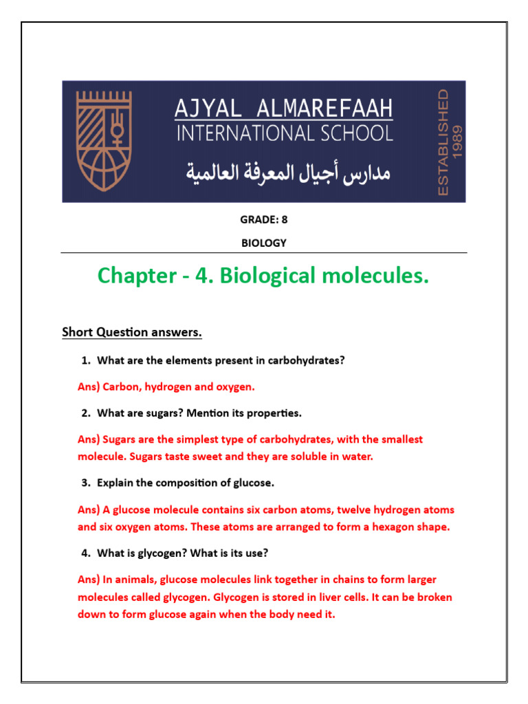 Chapter 4 - Biological Molecules - Question Answers | PDF ...