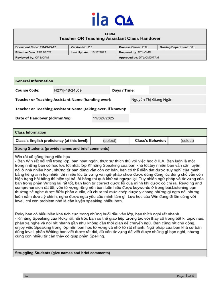 TA Class Handover - J4B | PDF