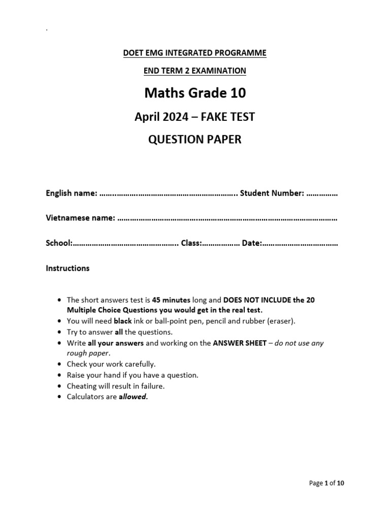 G10 Maths - FAKE TEST of Emg Math Education Here | PDF | Mathematics