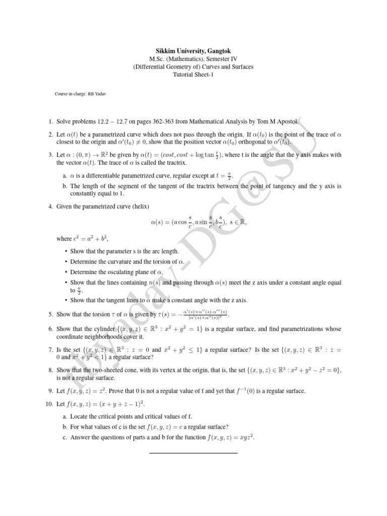 Tutorial Sheet-1 | PDF | Curvature | Differential Topology