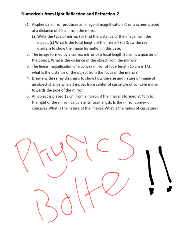 Numericals From Light Reflection and Refraction-2 | PDF