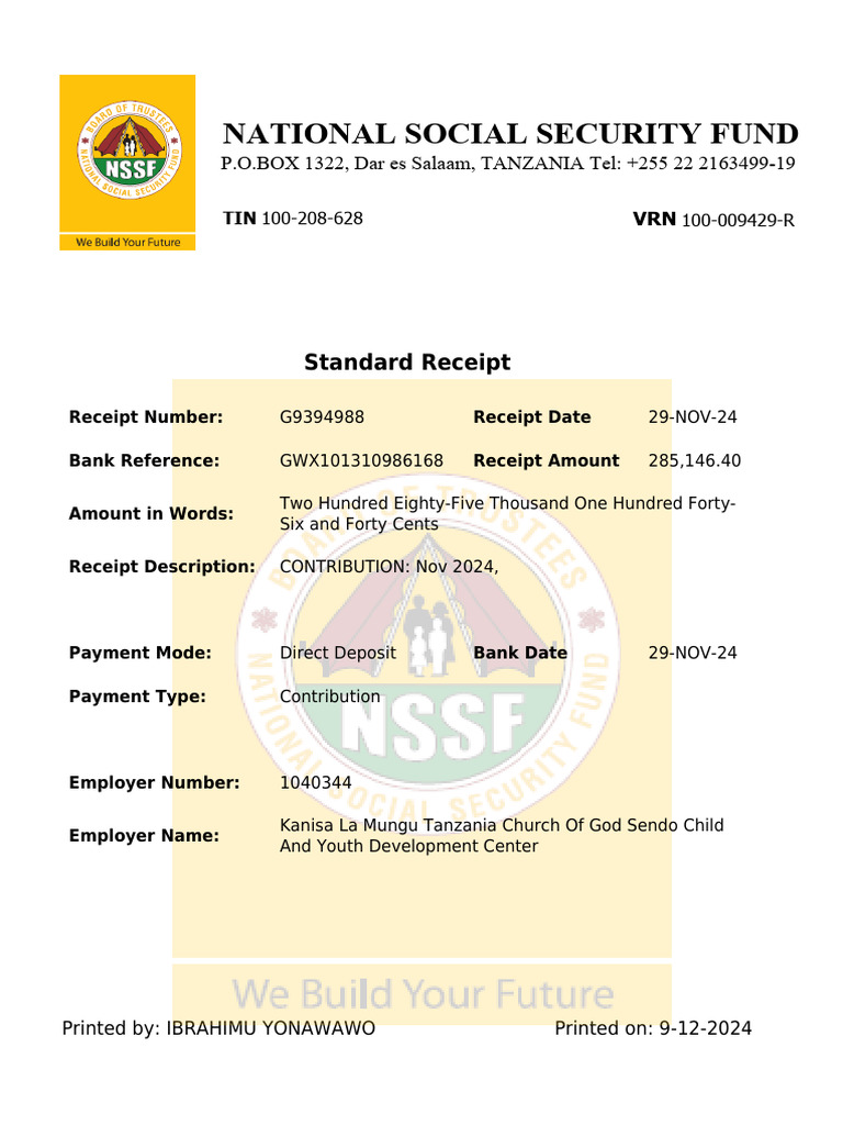 Receipt - G9394988 - From NSSF, Printed at 09-Dec-2024 - 0543am | PDF