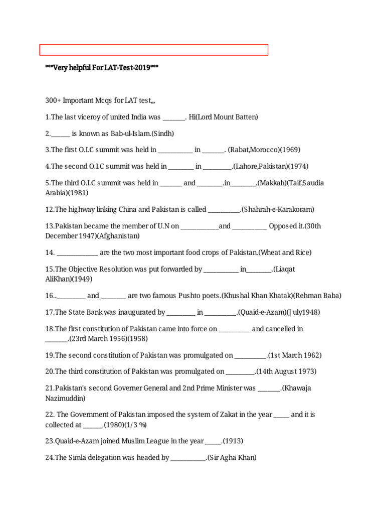300+ Essential MCQs for LAT Test 2019 | PDF