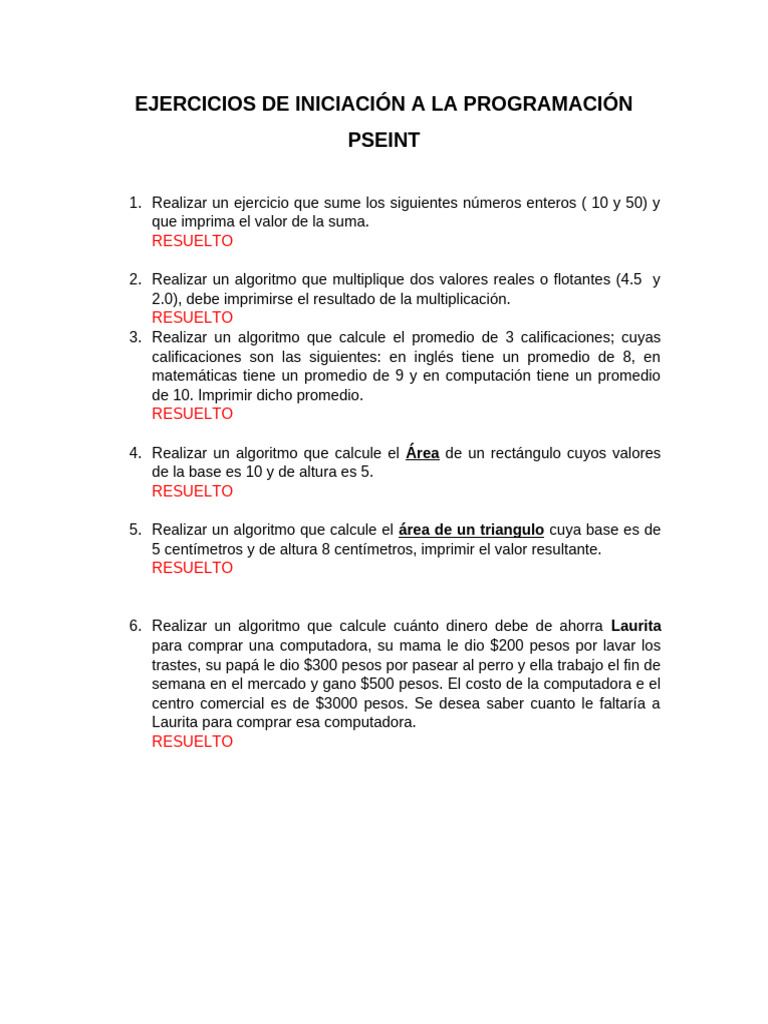 Ejercicios de Programación en Pseint | PDF