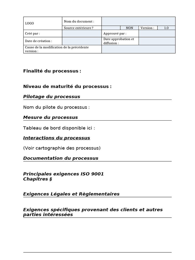 Fiche Processus ISO 9001 Version 2015 | PDF