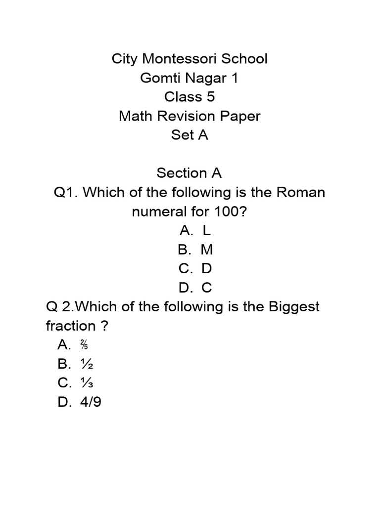 Class 5 Revision Paper 2024-25 | PDF | Euclidean Geometry | Elementary ...