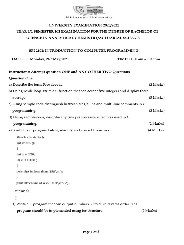 SPI 2101 Introduction to Computer Programming Year I II Semester I | PDF | Computer Program ...