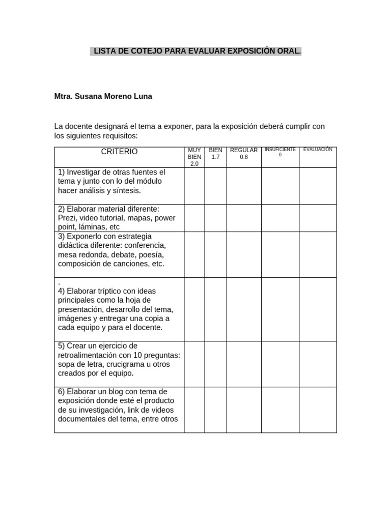 Lista de Cotejo para Evaluar Exposición Oral Extraordinario | PDF