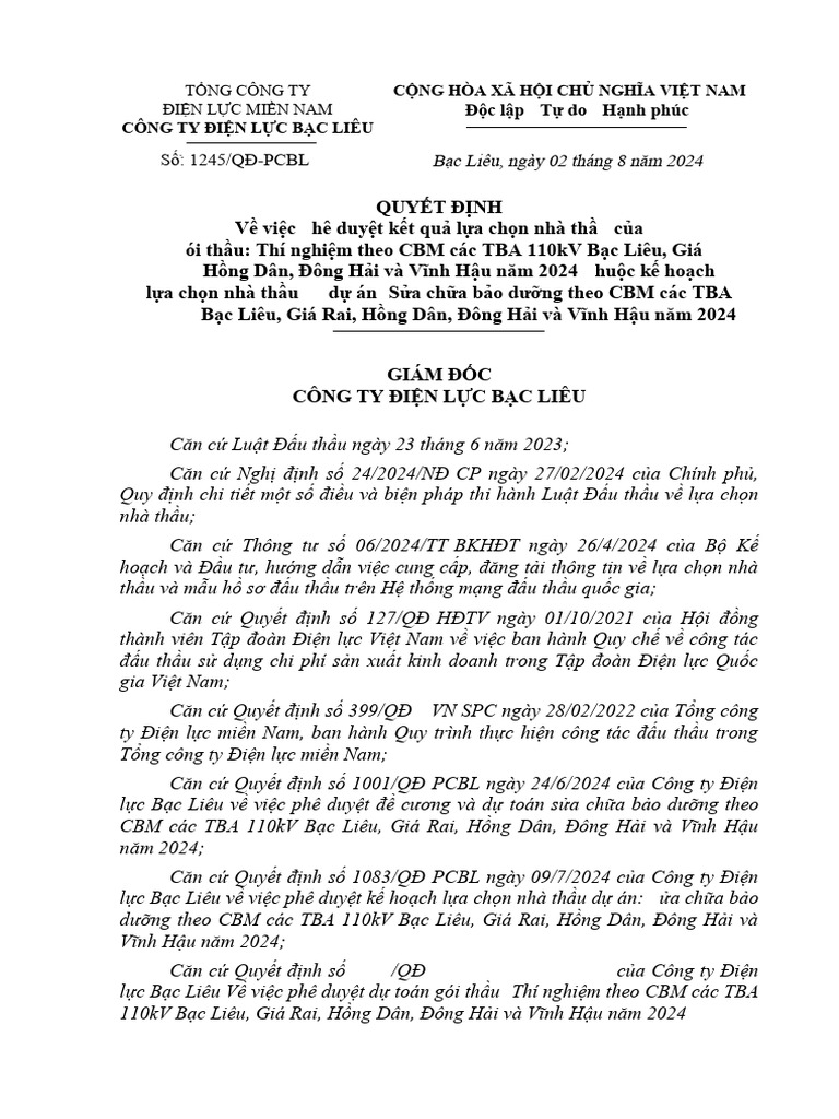 QD PD KQLCNT Goi Thau Thi Nghiem... Vinh Hau 2024 (01.8.2024) | PDF