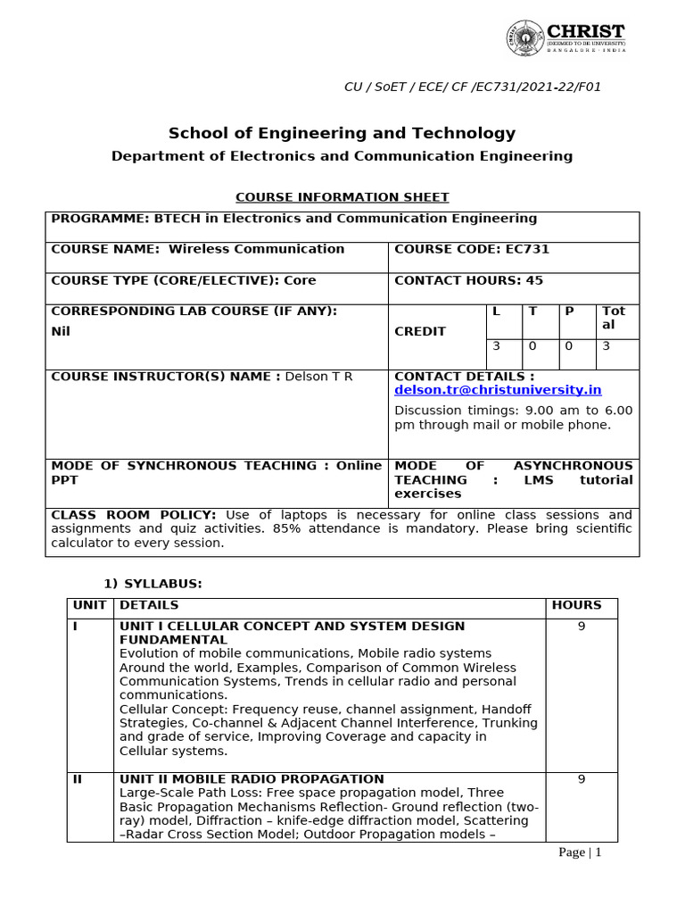 EC731-Wireless Communication-Course Plan | PDF | Channel Access Method | Modulation