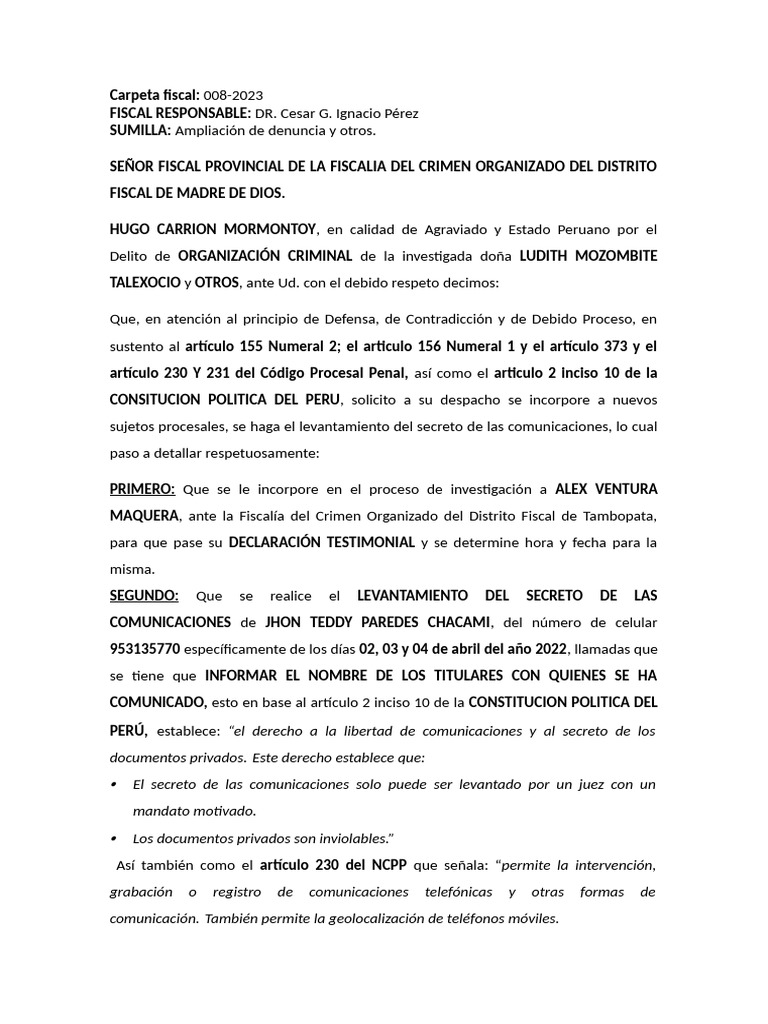 Hugo Ampliacion de Denuncia A Peritos y Levantamiento Del Secreto de Las Comunicaciones ...