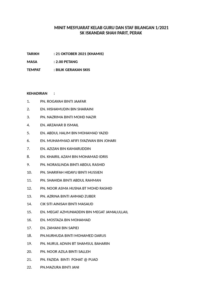 Minit Mesyuarat Kelab Guru Dan Staf Bilangan 1 | PDF
