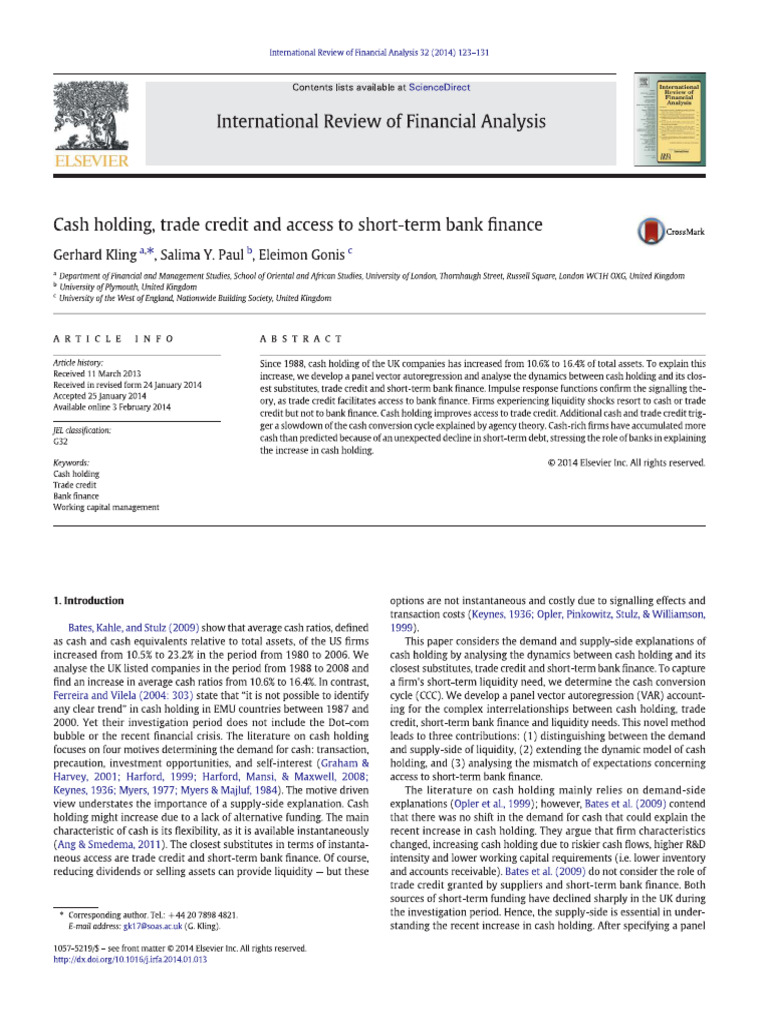 Cash Holding, Trade Credit and Access To Short-Term Bank Finance | PDF