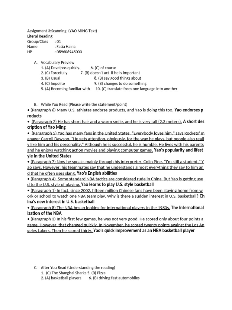 Assignment 3 - FATIA HAINA - 01 - Answer Sheet) Yao Ming Text | PDF | National Basketball ...