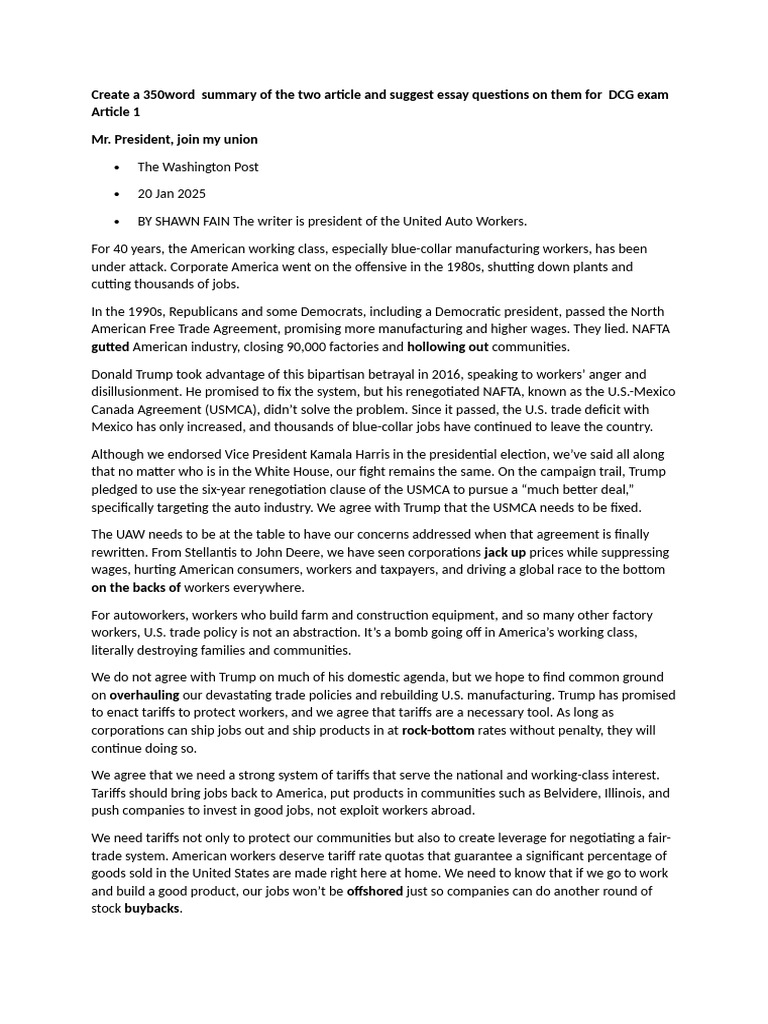 Create a 350word summaryof the two article and suggest essay questions ...