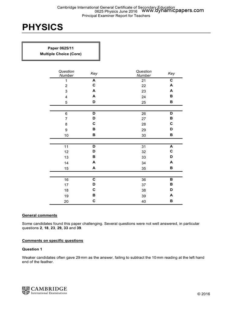 Cambridge IGCSE Physics Exam Report 2016 | PDF | Multiple Choice | Force