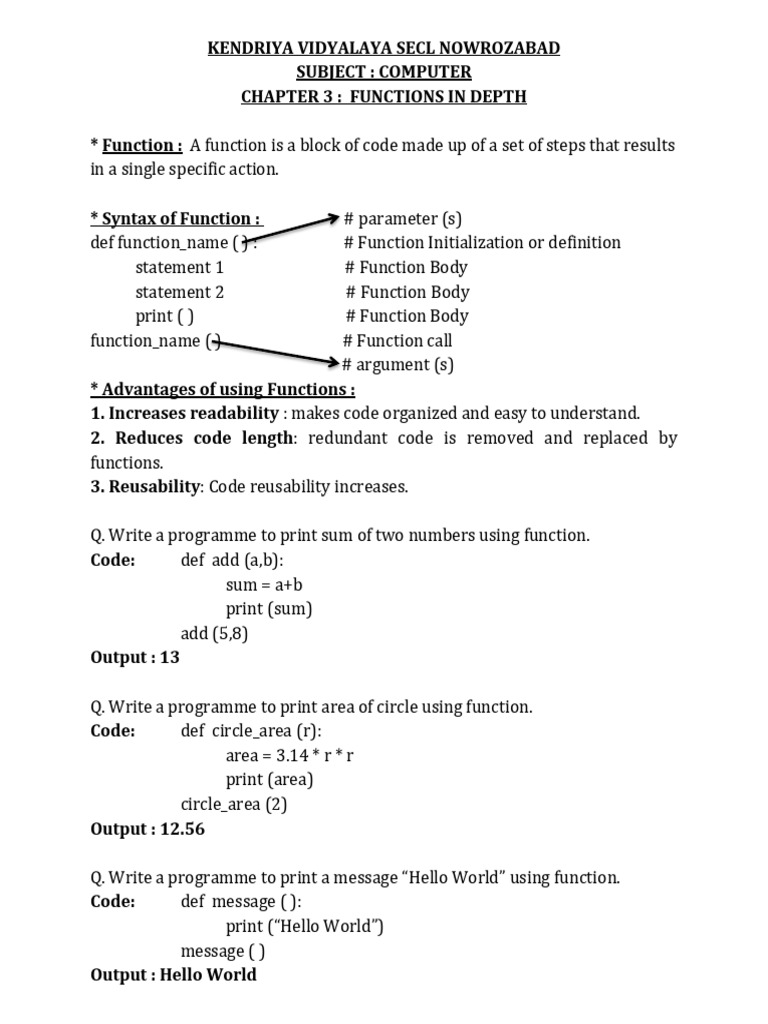 Class Viii Chapter 3 Functions In Depth Pdf Parameter Computer Programming Computer