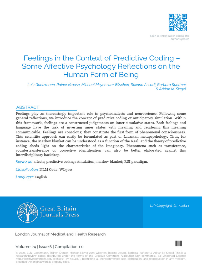 Goetzmann Et Al. Feelings in The Context of Predictive Coding | PDF | Emotions | Feeling