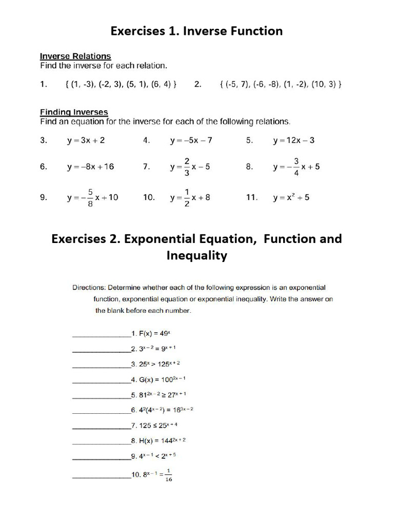 Exercises Inverse Eponential and Log | PDF