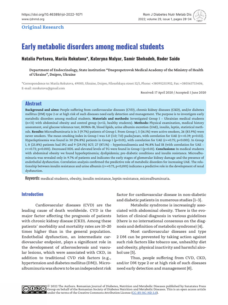 A6 Early Metabolic Disorders Among Medical Students | PDF | Prediabetes ...