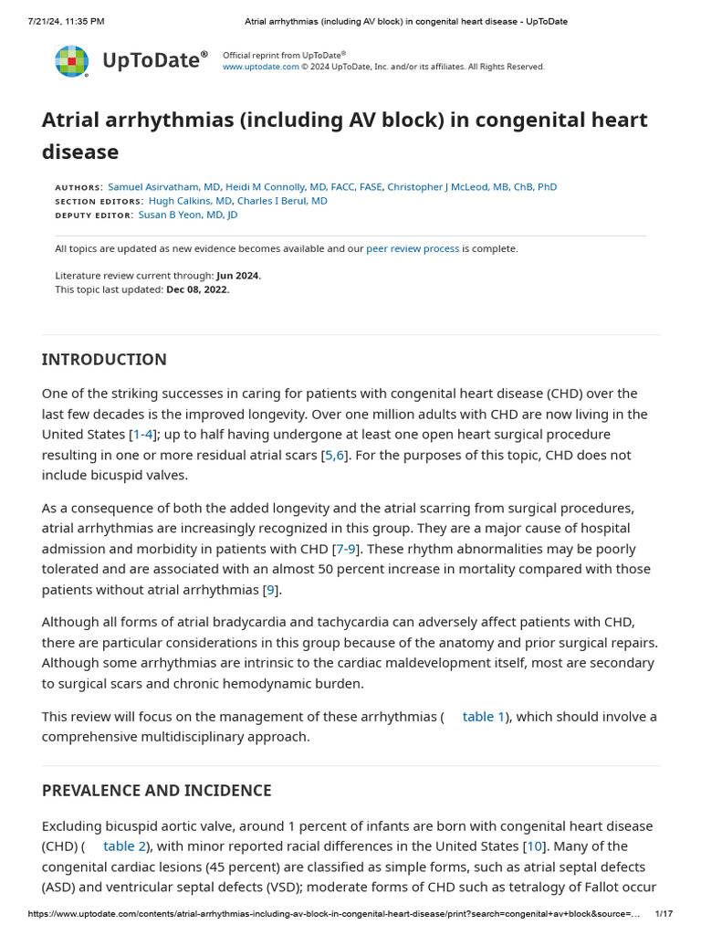 Atrial arrhythmias (including AV block) in congenital heart disease ...