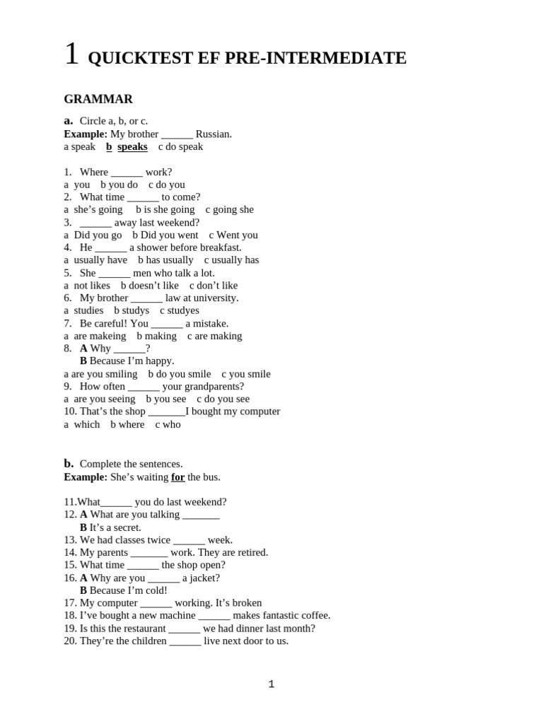 Quicktest: EF Pre-Intermediate Review | PDF | English Language ...